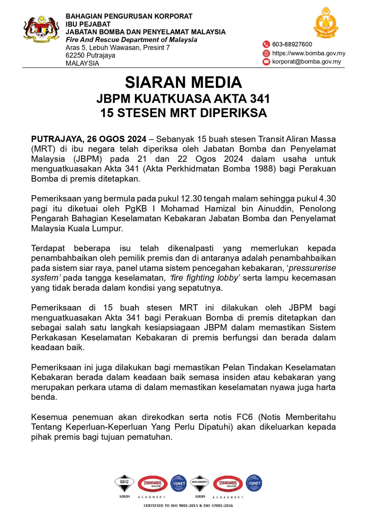 Bomba periksa stesen MRT, pastikan Sistem Perkakasan Keselamatan ...