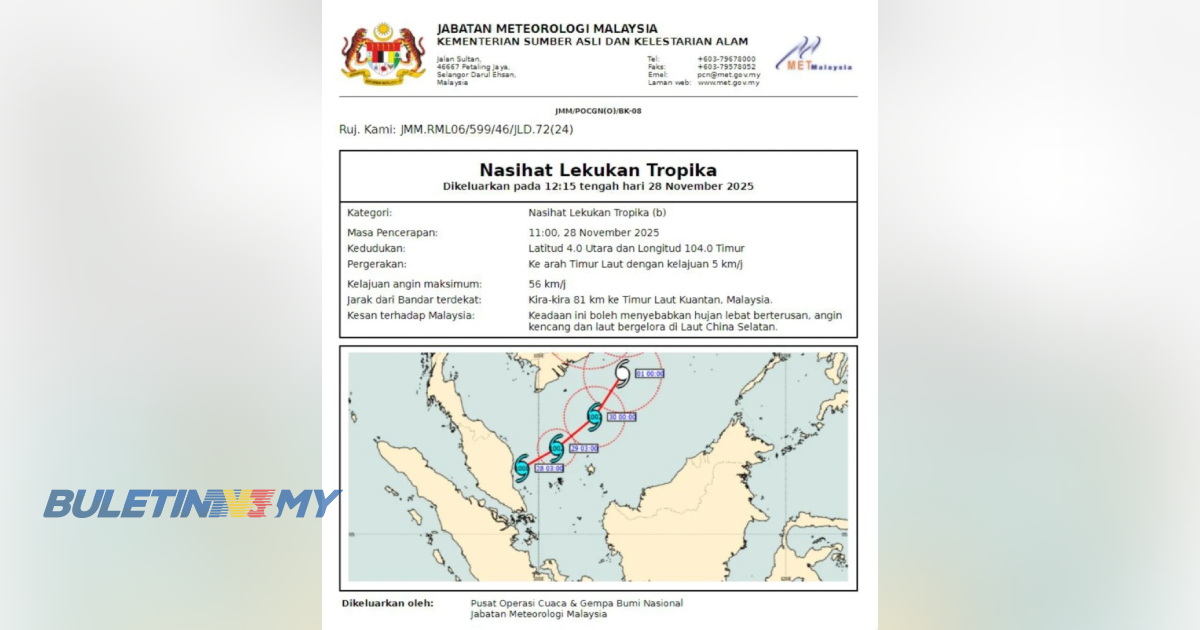 MetMalaysia keluar nasihat lekukan tropika, bawa hujan lebat berterusan ...