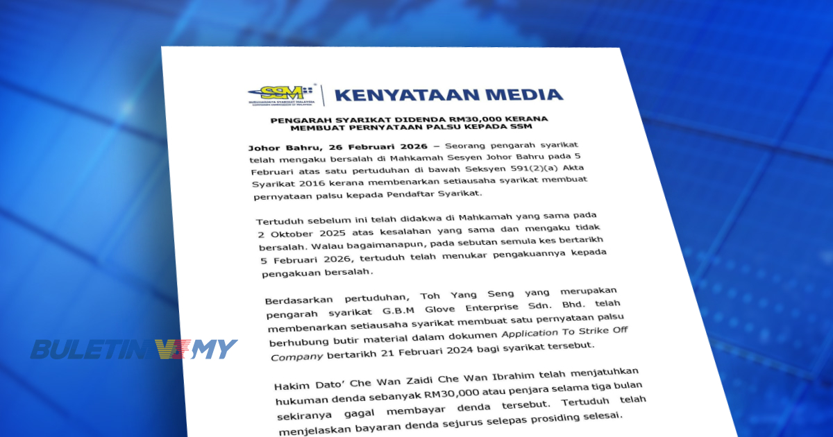 Pengarah syarikat didenda RM30,000 buat pernyataan palsu kepada SSM ...