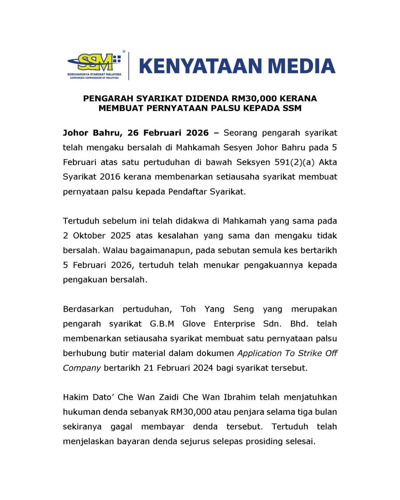 Pengarah syarikat didenda RM30,000 buat pernyataan palsu kepada SSM ...