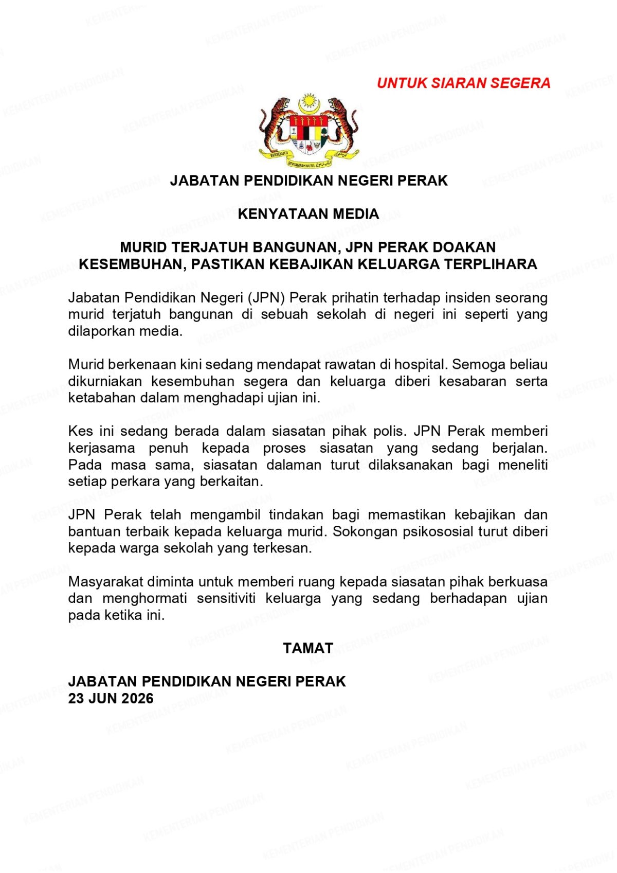 JPN Perak beri kerjasama penuh siasatan kes pelajar terjatuh bangunan ...